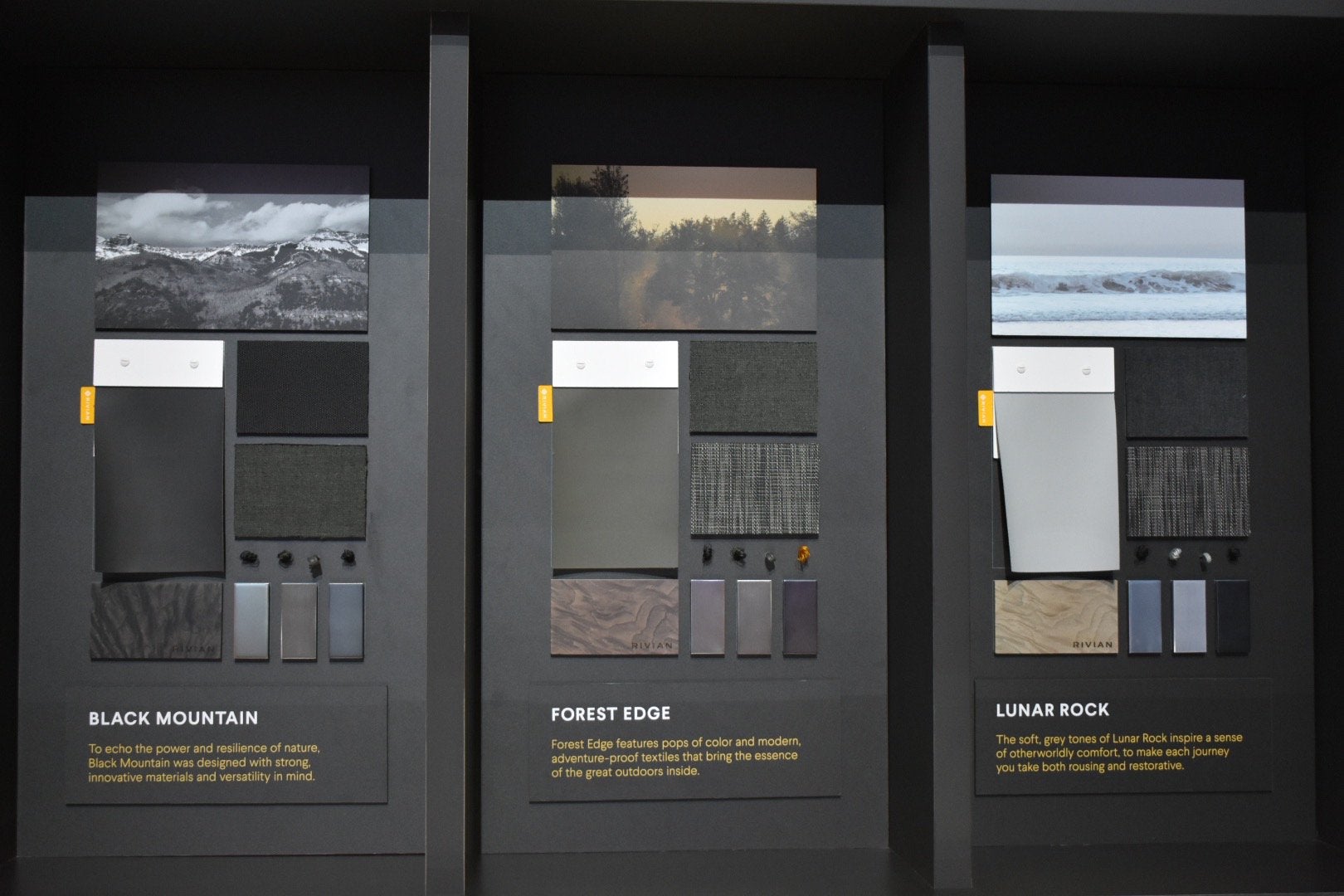 Interior swatches - Black Mountain, Forest Edge, Lunar Rock | Rivian ...