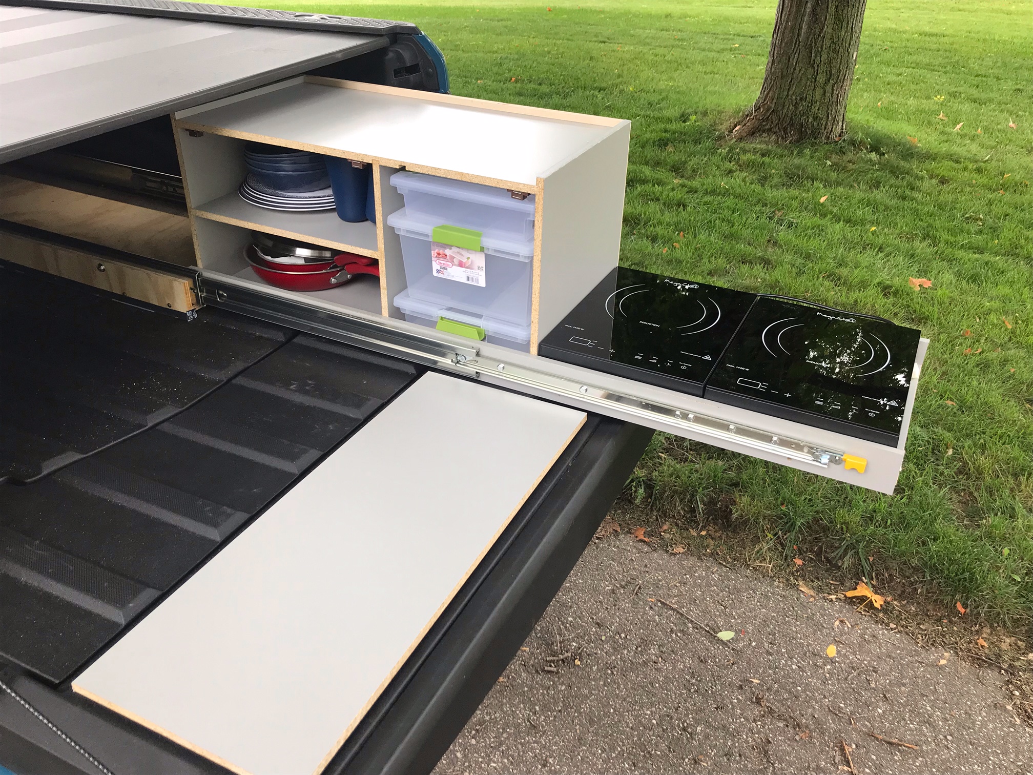 Our home made design for a slide out camp kitchen | Rivian Forum - R1T ...