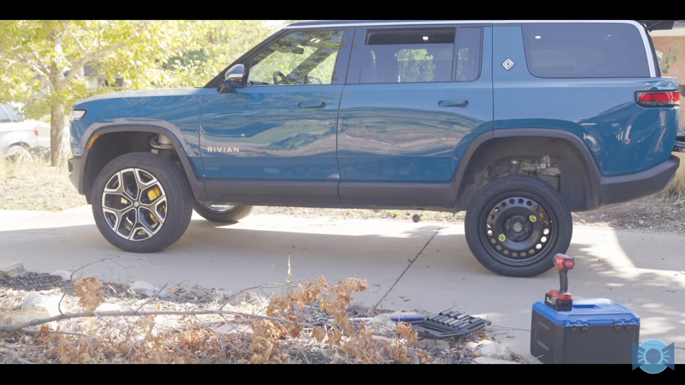 Rivian compact spare inflated & installed in glowing R1S review video ...