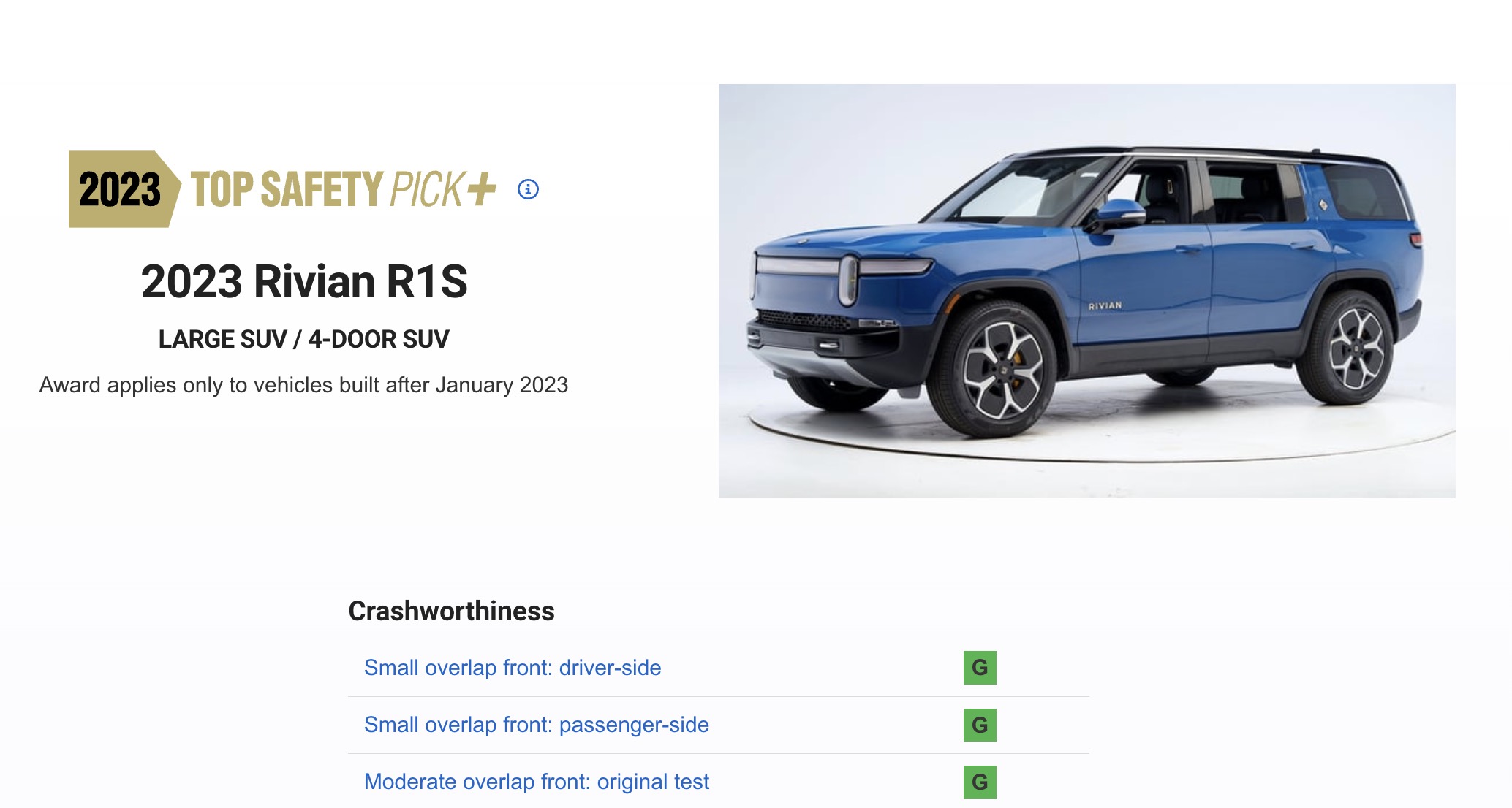 2023 Rivian R1S Receives IIHS Top Safety Pick+ (built after Jan 2023 ...