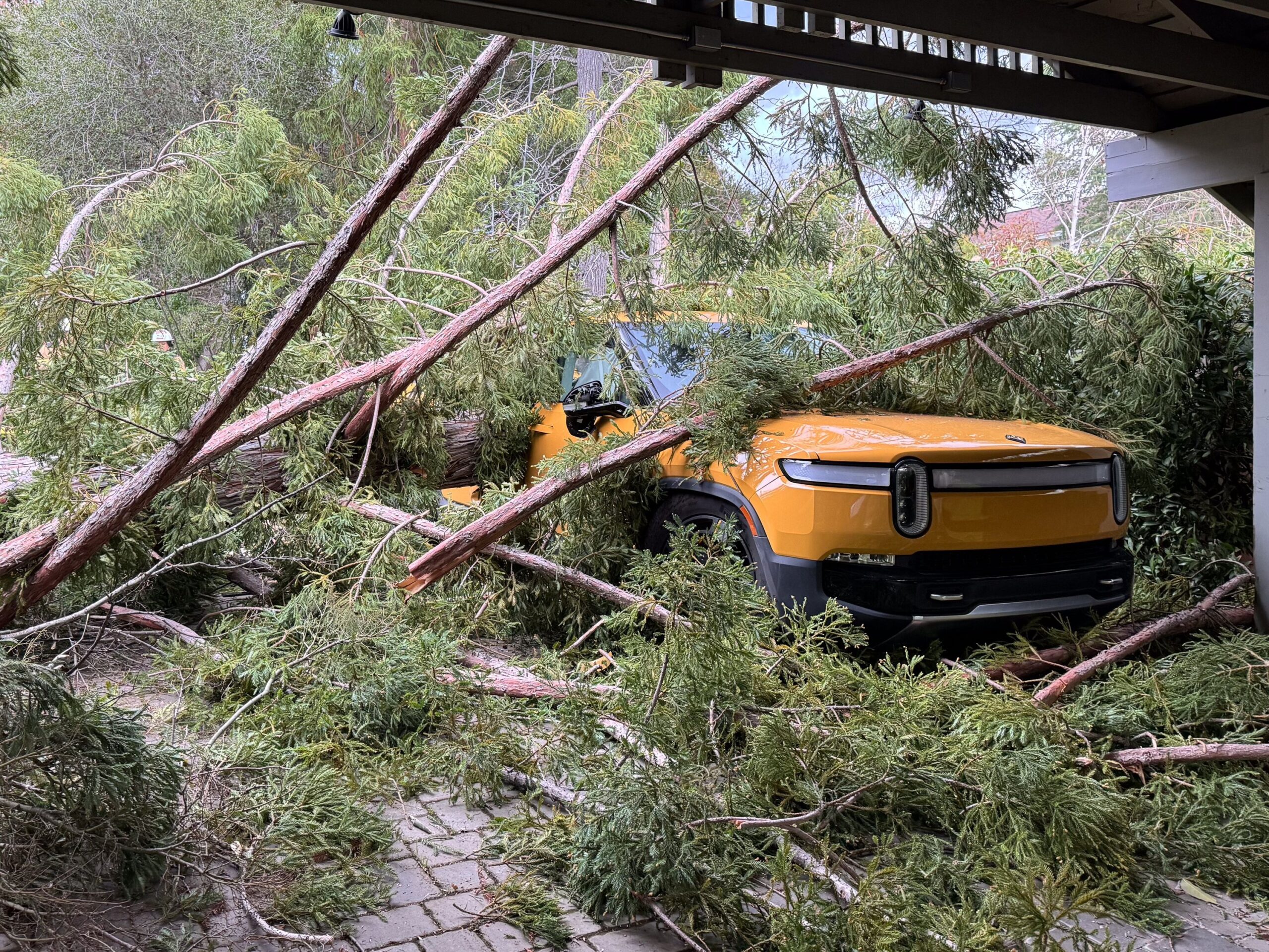 Rivian crushed by tree in California storm | Rivian Forum - R1T R1S R2 ...