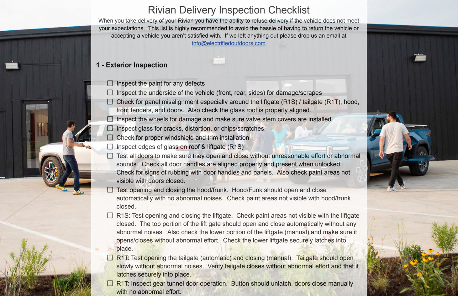 Rivian R1S & R1T Delivery Checklist | Rivian Forum - R1T R1S R2 R3 News, Specs, Models, RIVN ...