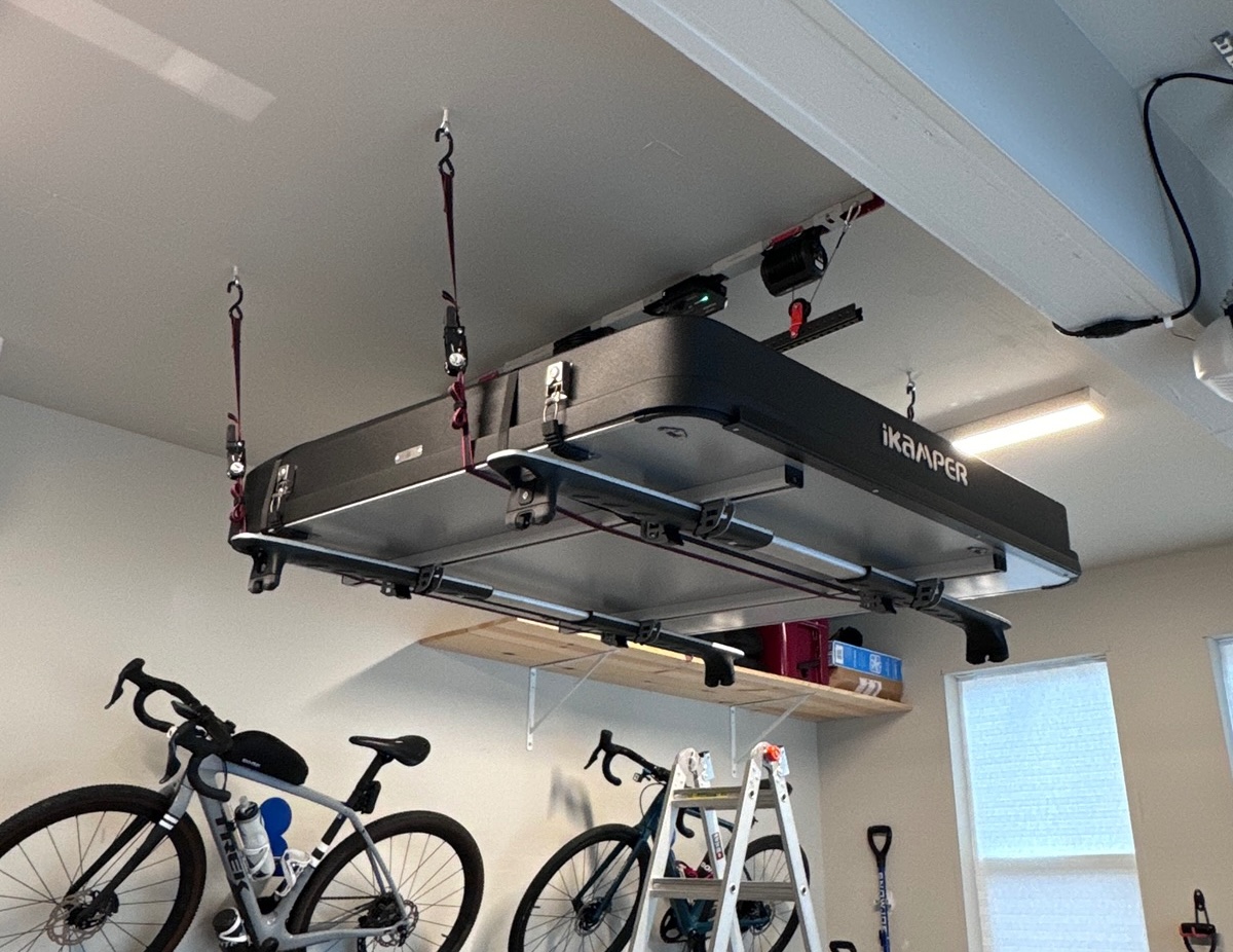 Storing your roof top tent RTT with garage ceiling hoist | Rivian Forum ...