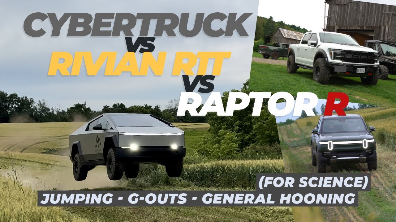 **VIDEO** Rivian R1T vs Cybertruck vs Ford Raptor R - Jumps, G-Outs ...