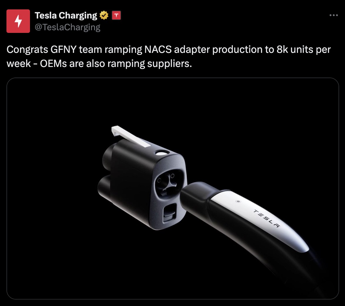Good news for NACS adapter shipments. Tesla ramps up production to 8K ...