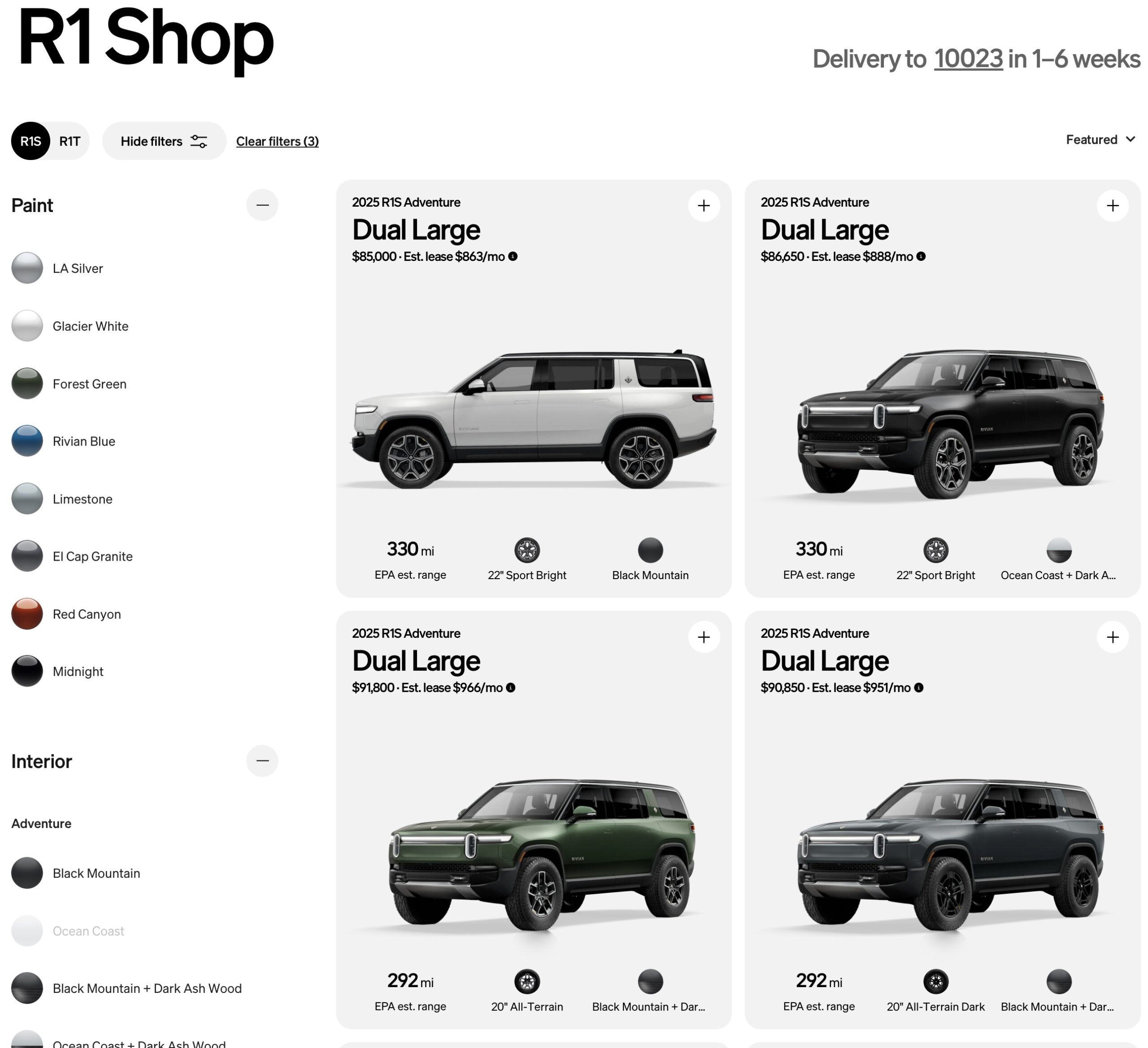New R1S Dual Large configurations added to R1 Shop | Rivian Forum - R1T ...