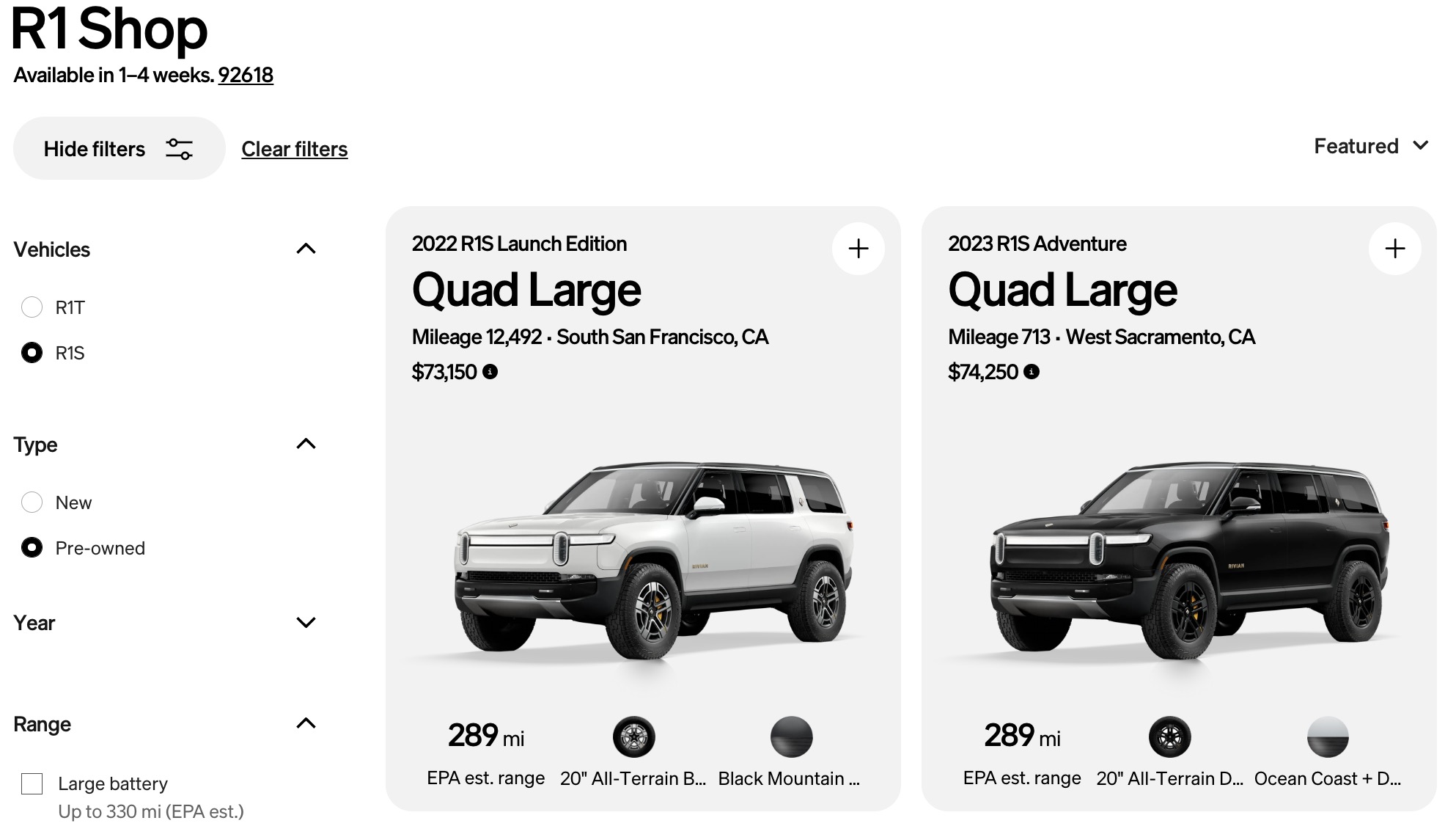 Used pre-owned Rivians now available in online shop (open to CA and IL ...