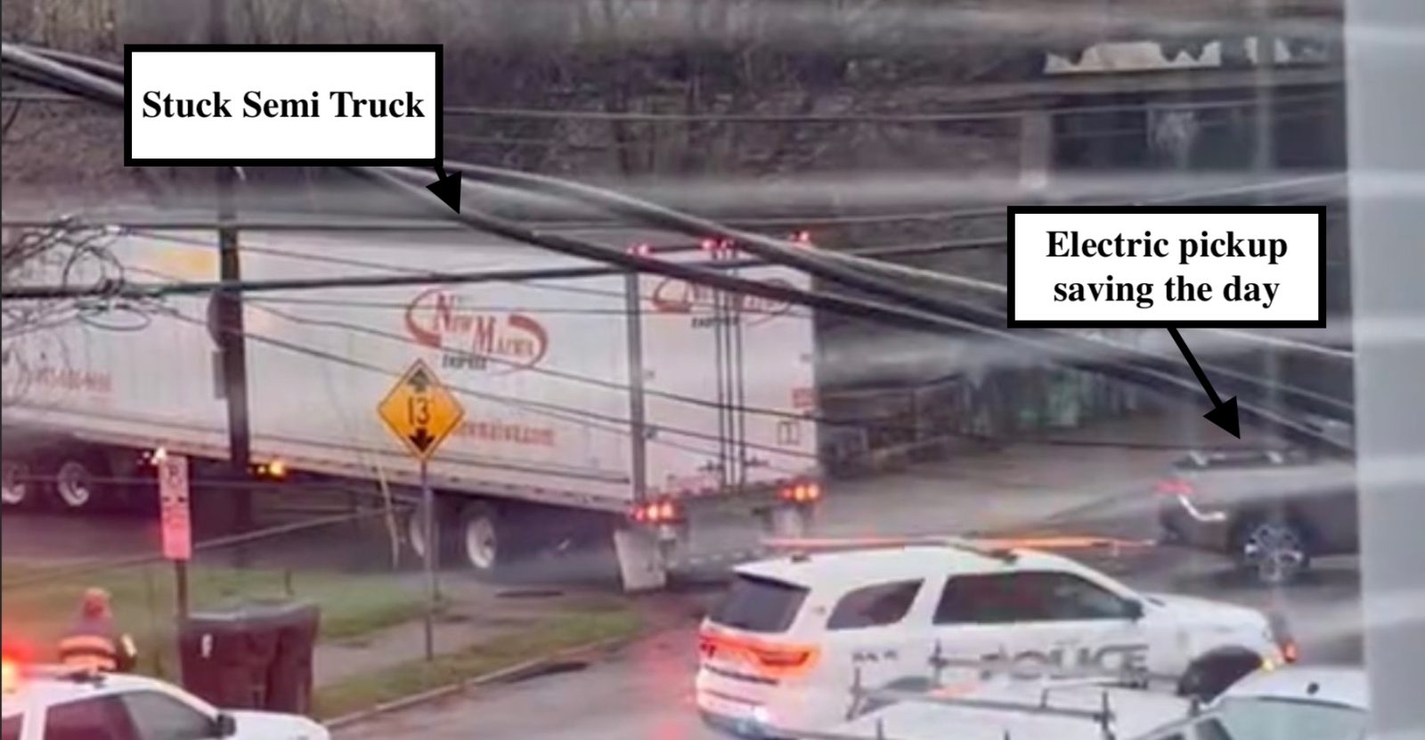 Rivian R1T saves a stuck semi by pulling it out of mud in Covington, KY ...